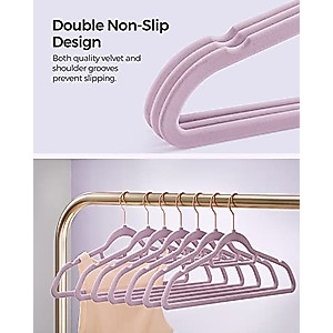 SONGMICS 50-Pack Velvet Hangers and 24-Pack Pants Hangers Bundle, Clothes Hanger with Rose Gold Swivel Hook, Coat Hangers with Movable Clips, Pale Purple and Light Pink UCRF021GP50 and UCRF14PK24