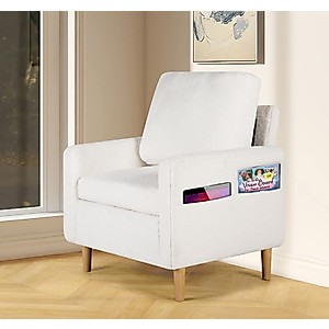 TYBOATLE Accent Chair, Mid-Century Modern Fabric Living Room Arm Chair, Furry Cozy Upholstered Armchair w/Side Pocket, Reading Lounging Side Chairs for Office, Apartment, Bedroom (Cream White)
