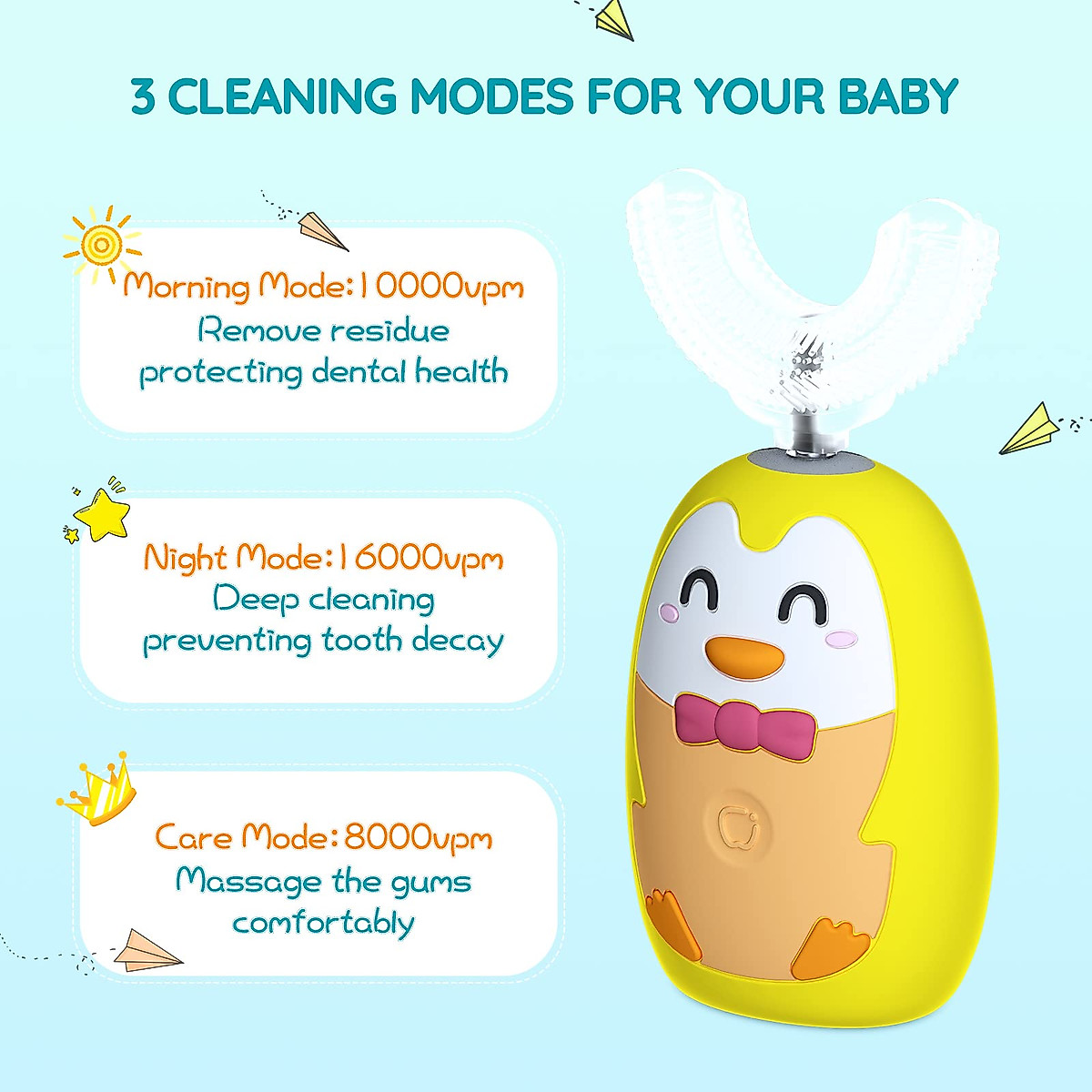mornwell Kids Toothbrush Electric, Auto Toothbrush for Kid New Model Ultrasonic Kids Electric Toothbrush, U Type Whitening Massage Toothbrush, IPX7 Waterproof Smart Rechargeable Toothbrush (Yellow)