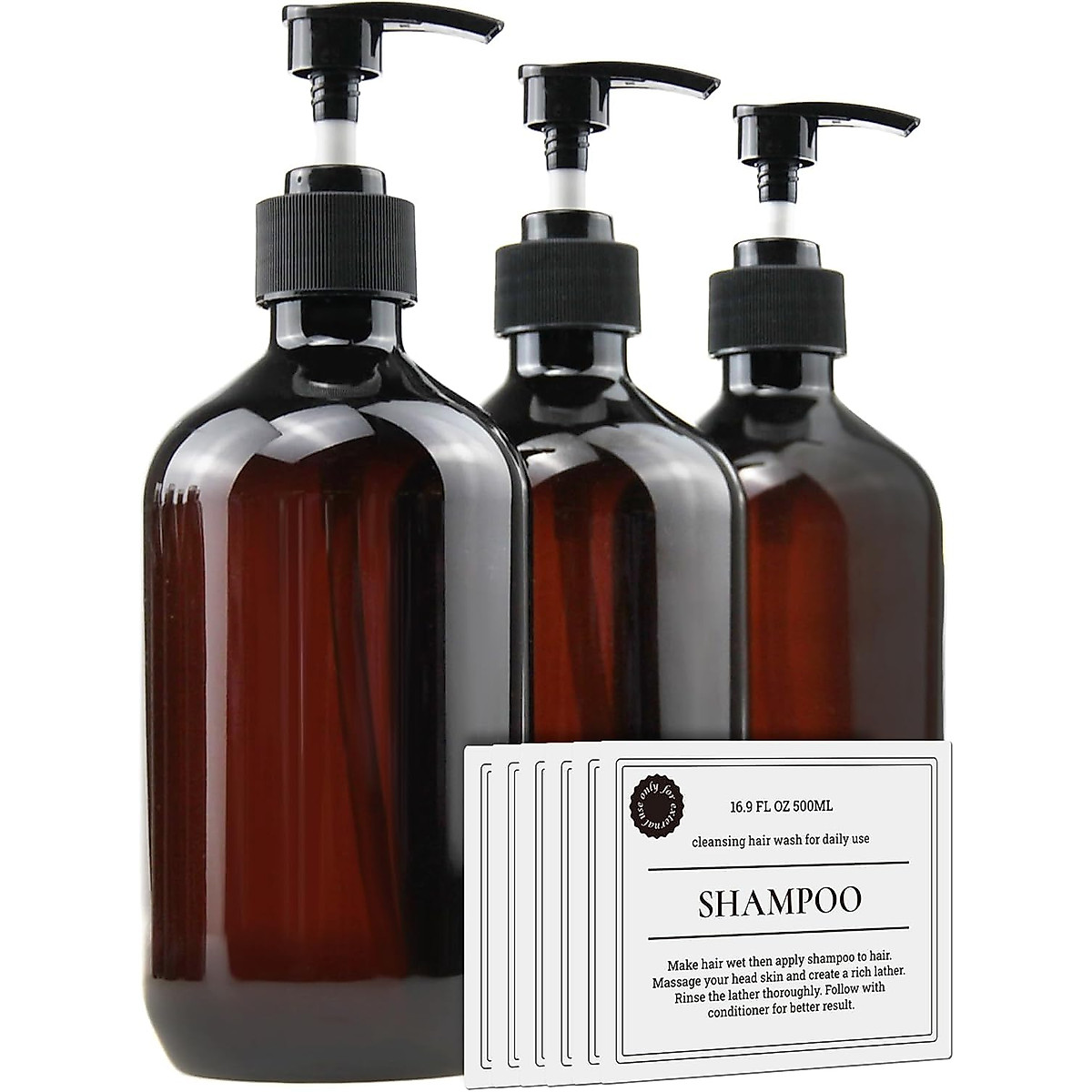 Empty Plastic Bottles with Pump Dispenser and Labels Included, Refillable Travel Containers for Hand sanitizer Shampoo Lotion, etc - BPA/Paraben Free, 500ml/16.9oz (Amber, 3 Pack)