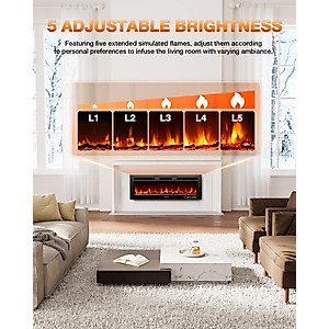 VISVEIL Electric Fireplace 50Inch,Realistic Flame Electric Fireplace Heater,Log Set/Crystal Flames 750-1500W with Timer Inserts/Wall Mounted/TV Stand Touch Screen & Remote