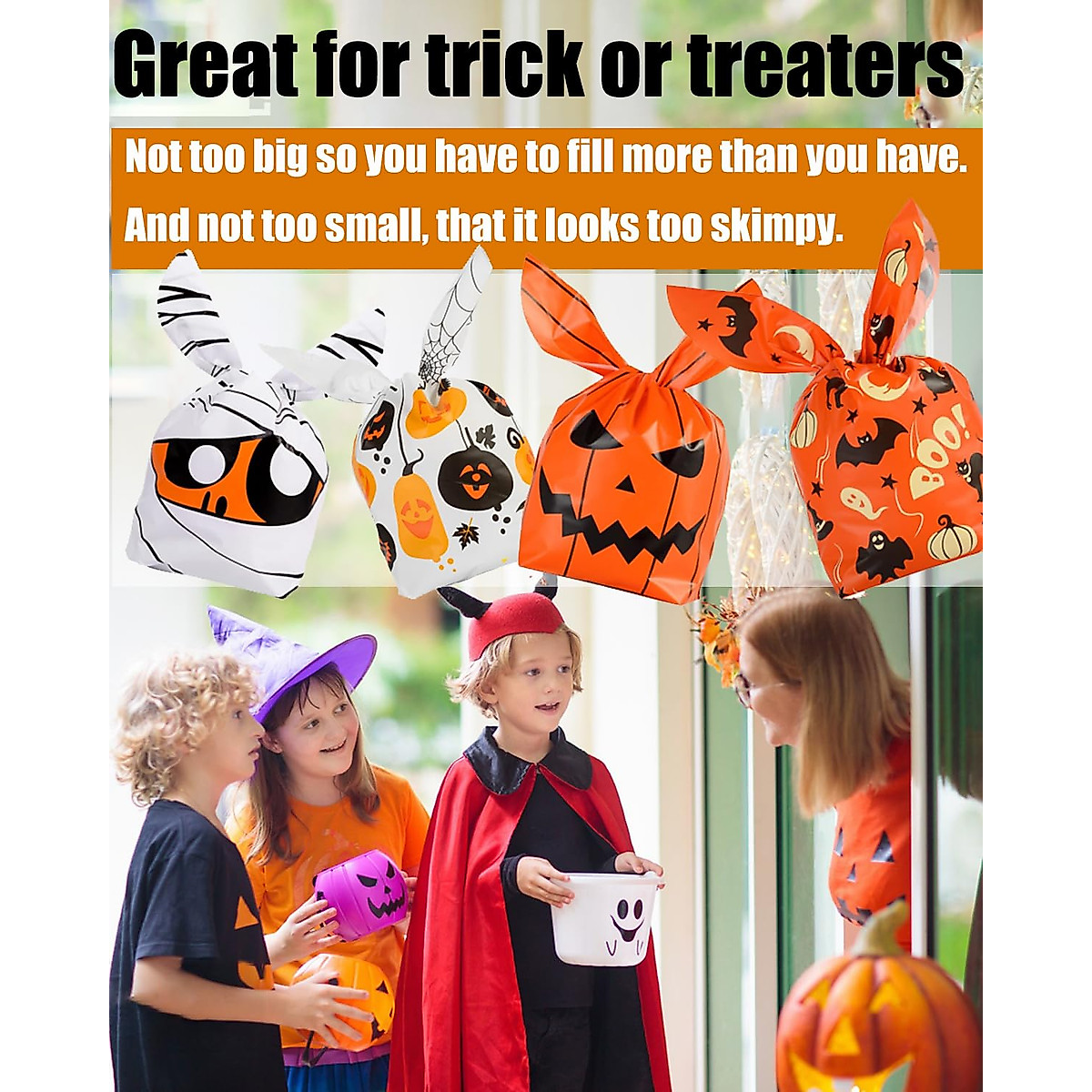 KOCOVIMI 100Pcs Halloween Trick or Treat Bags, 4 Style Patented Appearance Halloween Candy Bags for Kids, Cute Rabbit Ear Halloween Treat Bags Goody Bags Cookie Bags for Halloween Party