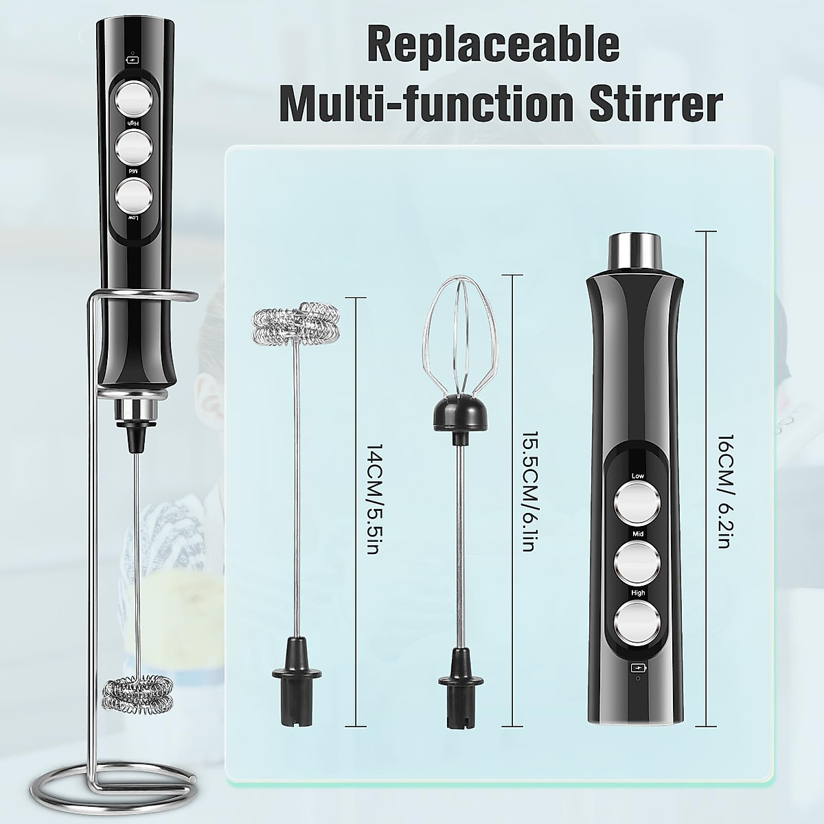 Rechargeable Milk Frother Handheld for Coffee, Stirrers Electric Whisk with Wall Mounted Stand, Drink Mixer Hand Frother Wand (MF02)