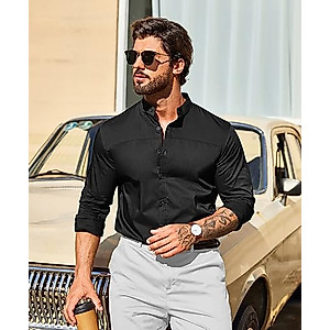 COOFANDY Muscle Fit Dress Shirts for Men Collarless Button Down Outfits Summer Fitted Shirts Wrinkle-Free Long Sleeve Business Casual Mandarin Collar No Iron Shirt Black XL