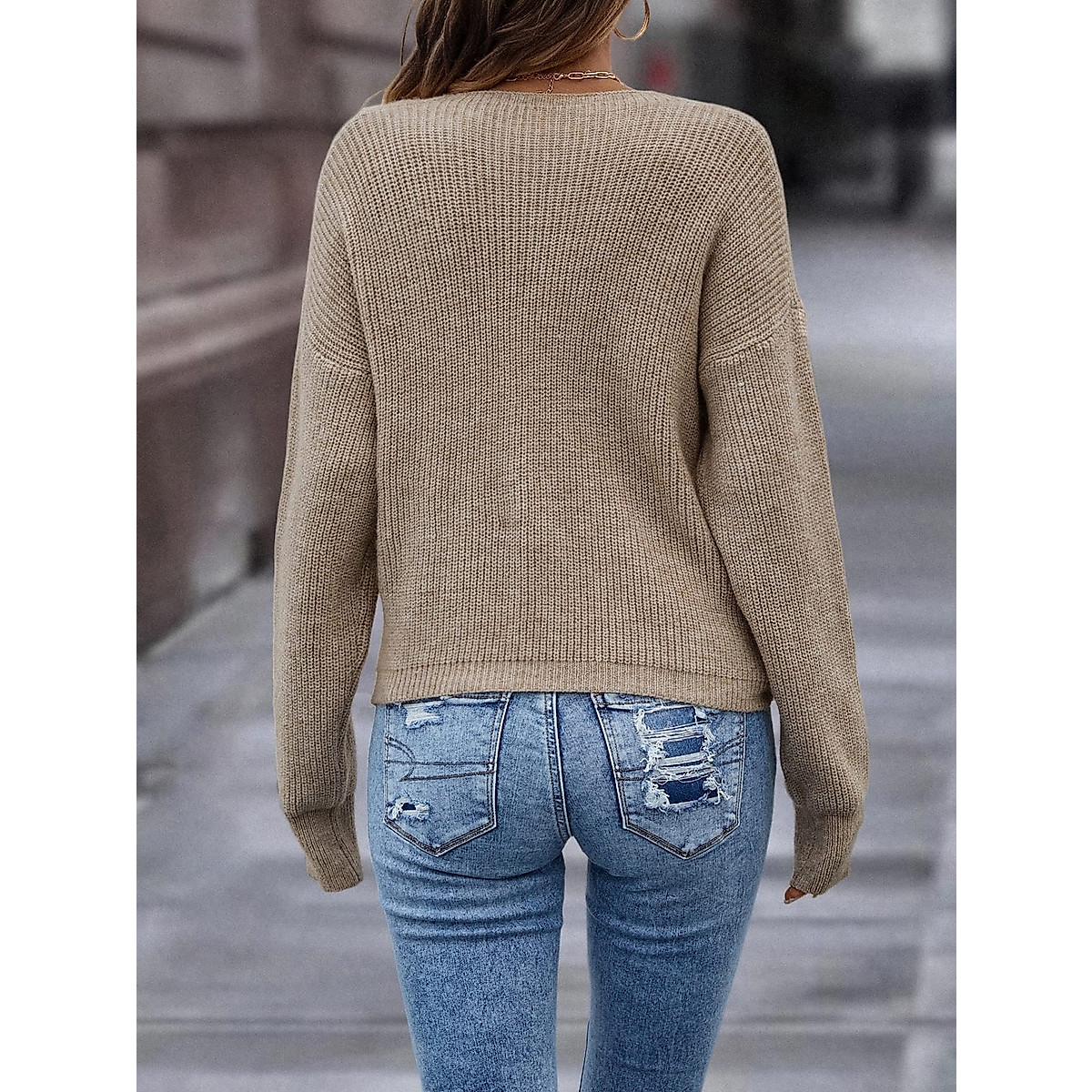 SweatyRocks Women's Casual Long Sleeve Drop Shoulder V Neck Wrapped Pullover Sweater Top Khaki Medium