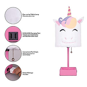 inno casa Table Lamp Cute Unicorn Plush Shade Desk Lights for Gifts with 2 USB Charging Ports and 1 Power Outlet for Bedroom Reading & Living Room