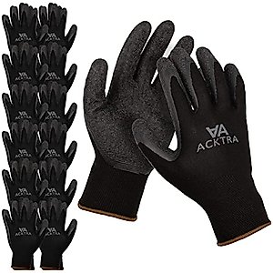 ACKTRA Coated Nylon Safety WORK GLOVES 12 Pairs, Knit Wrist Cuff, Multipurpose, for Men & Women, WG008 Black Polyester, Black Latex, Large
