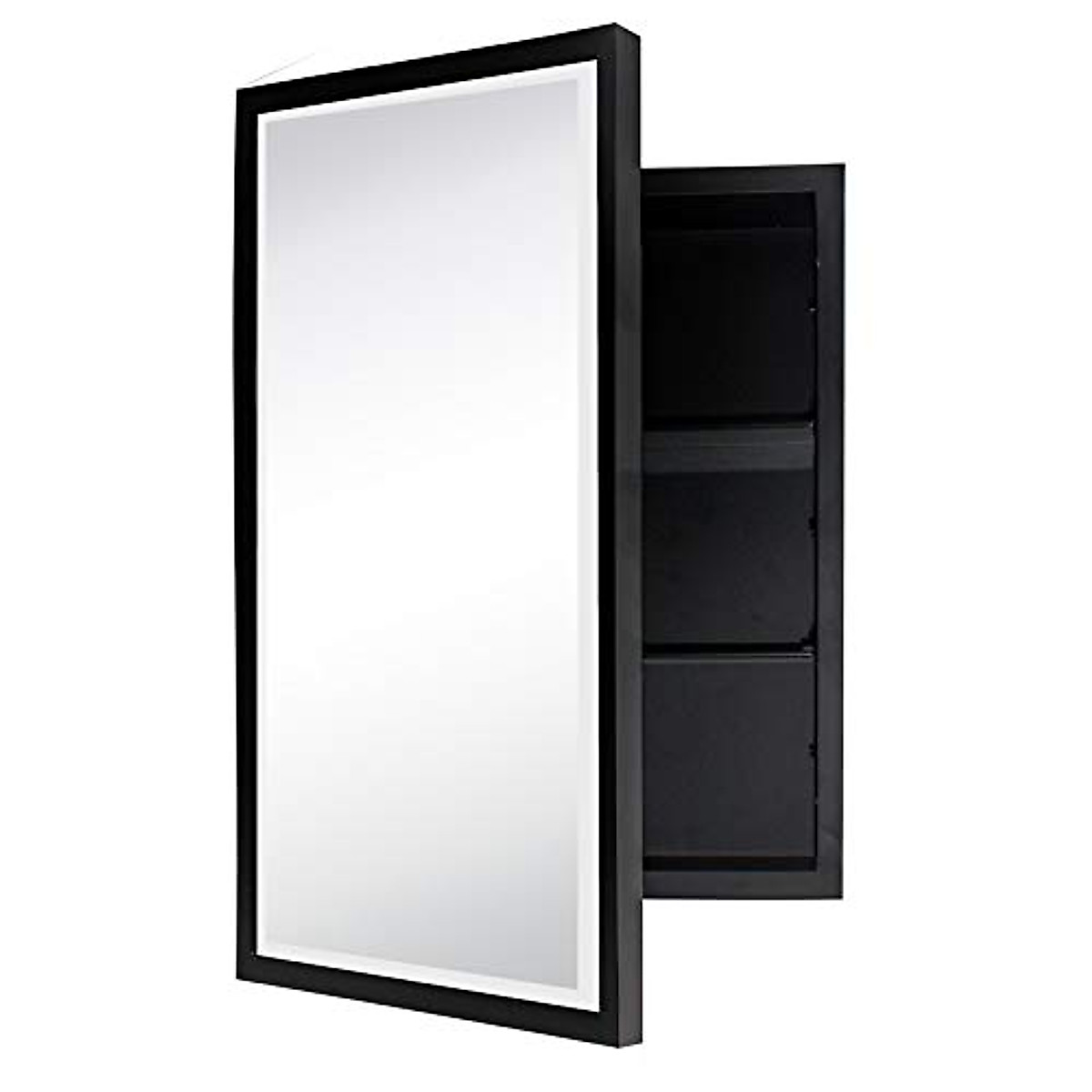 TEHOME Black Metal Framed Recessed Bathroom Medicine Cabinet with Mirror Rectangle Beveled Vanity Mirrors for Wall 16 x 24 inches
