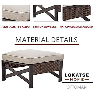 LOKATSE HOME Outdoor Metal Ottoman Patio Rattan Furniture Wicker Footstool Seat with Cushion, Brown