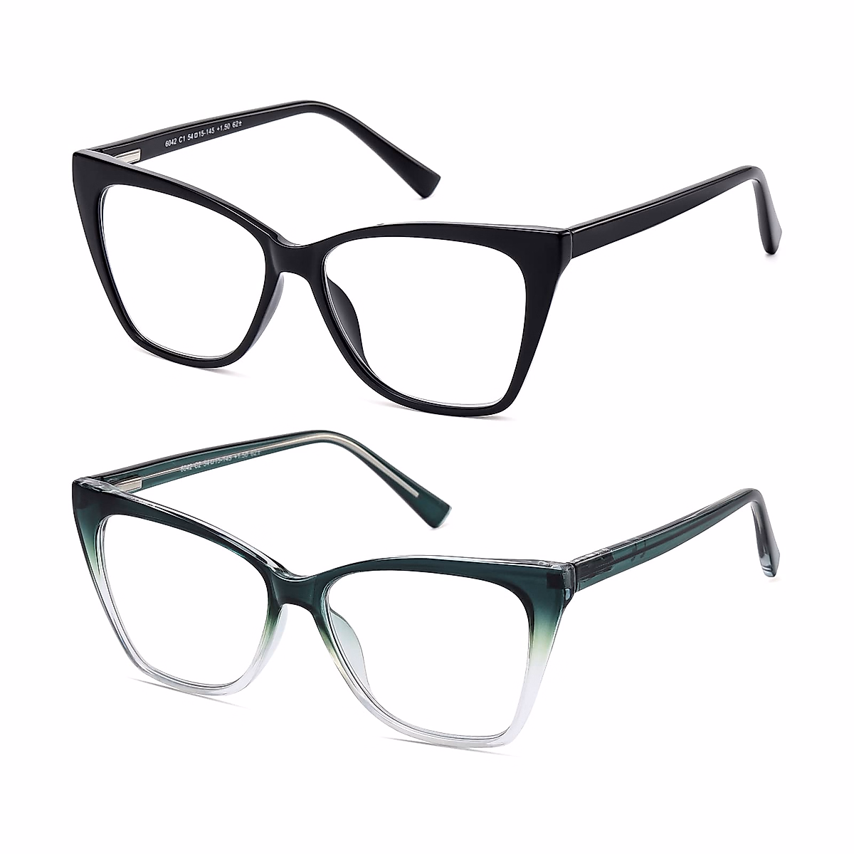 Oversized Reading Glasses Women Cat Eye Photochromic Computer Reader Stylish Ladies Designer Fashion Big Unbreakable Eyewear 2Pack Black & Dark Green +3.0x