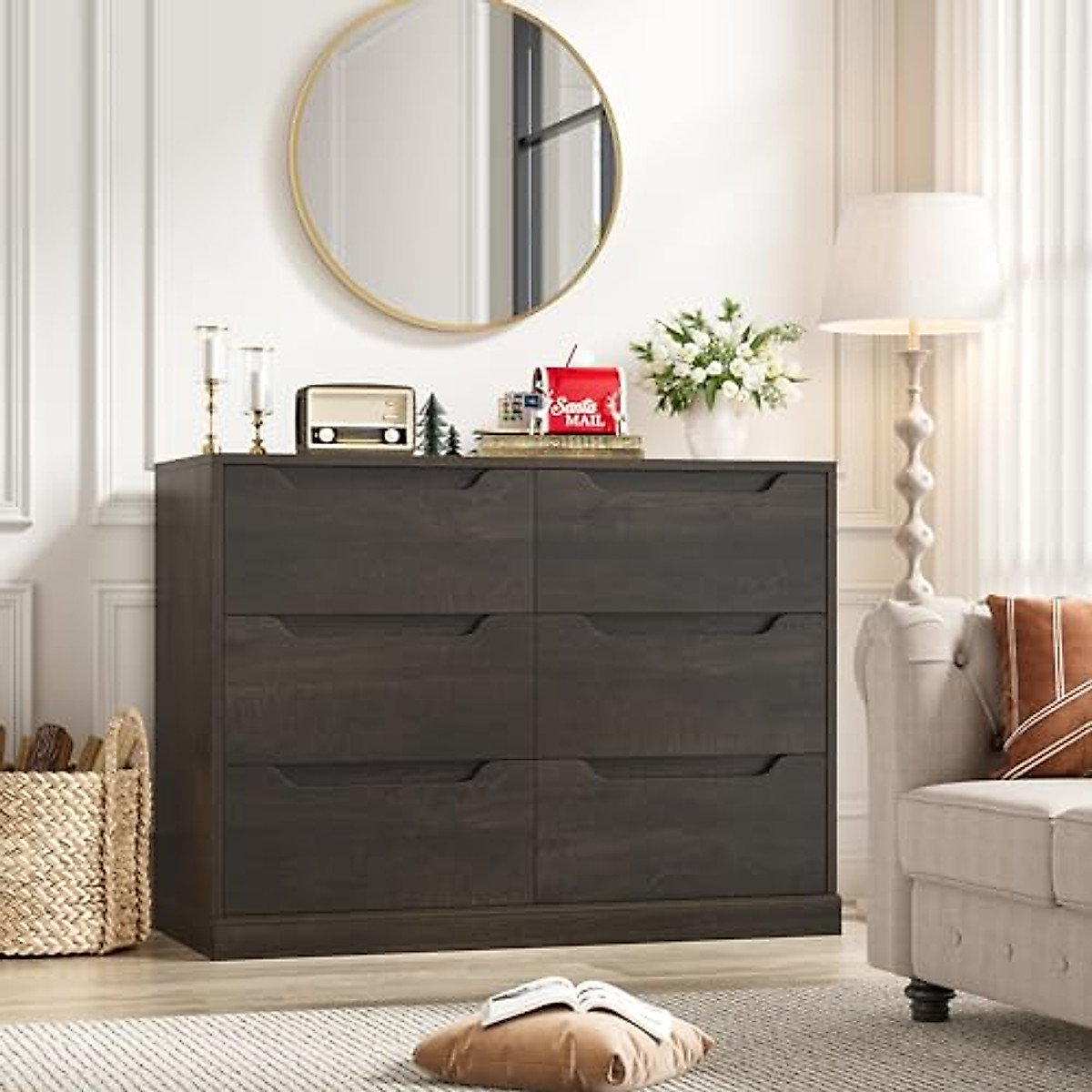 HOSTACK Modern 6 Drawer Dresser for Bedroom, Double Chest of Drawers with Storage, Large Wooden Storage Dresser Organizer with Cut-Out Handle, Accent Storage Cabinet for Living Room, Dark Brown