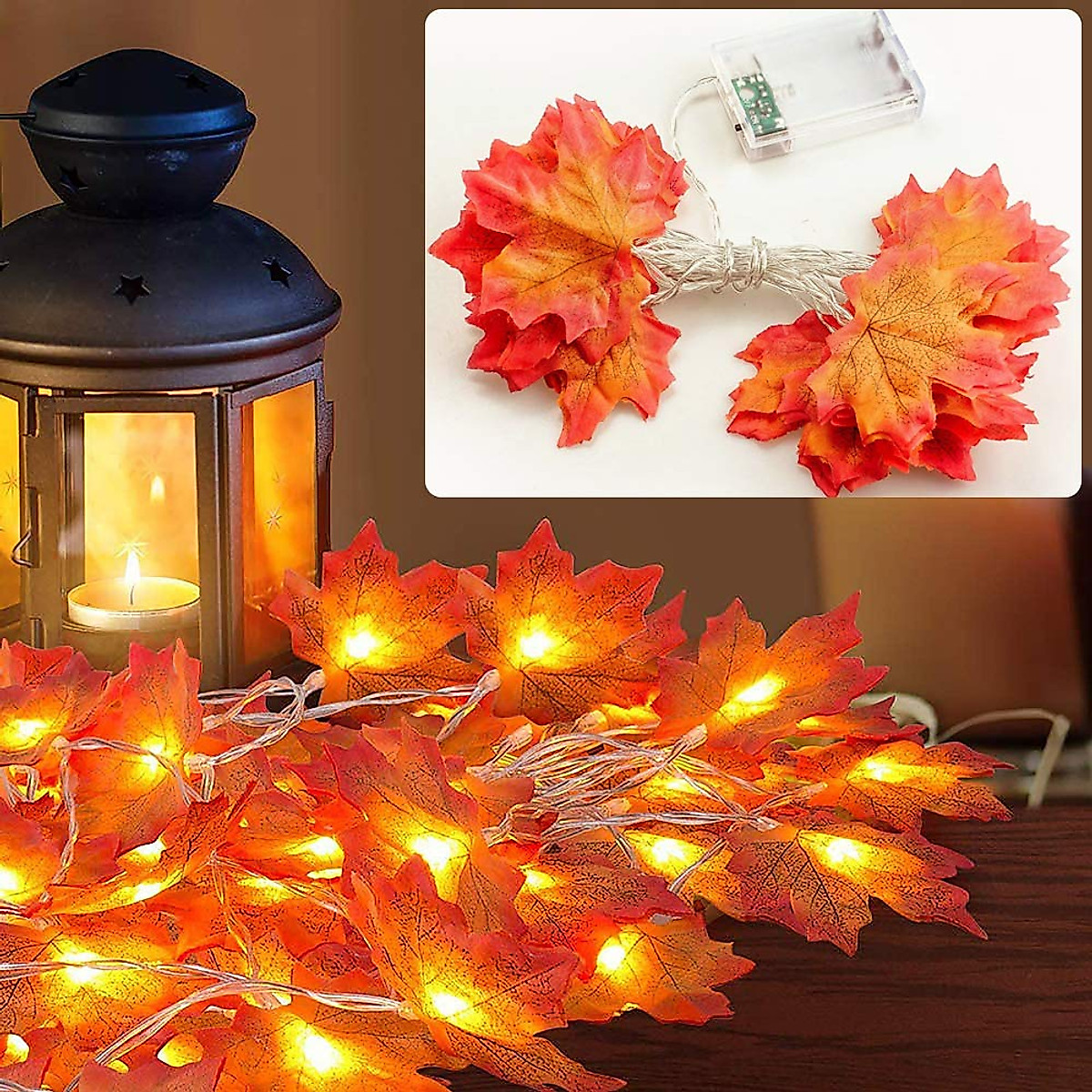 OVV 4 Pack Thanksgiving String Lights Maple Leaves Decorations Fall Leaf Garland Total 40 Ft 80 LED for Home Indoor Outdoor Garden Autumn Holiday Decor 3AA Battery Operated