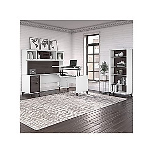 Bush Furniture Somerset 72W 3 Position Sit to Stand L Shaped Desk with Hutch and Bookcase in White and Storm Gray