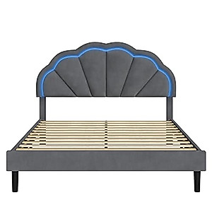 HIFIT Full Upholstered Smart LED Bed Frame with Adjustable Elegant Flowers Headboard, Platform Bed Frame Full Size with Wooden Slats Support, No Box Spring Needed, Easy Assembly, Grey