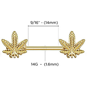 Pierce2GO 2 Pcs 14G Gold Marijuana Leaf Nipplerings Piercing Women Nipple Rings - 9/16" Barbell (Gold)