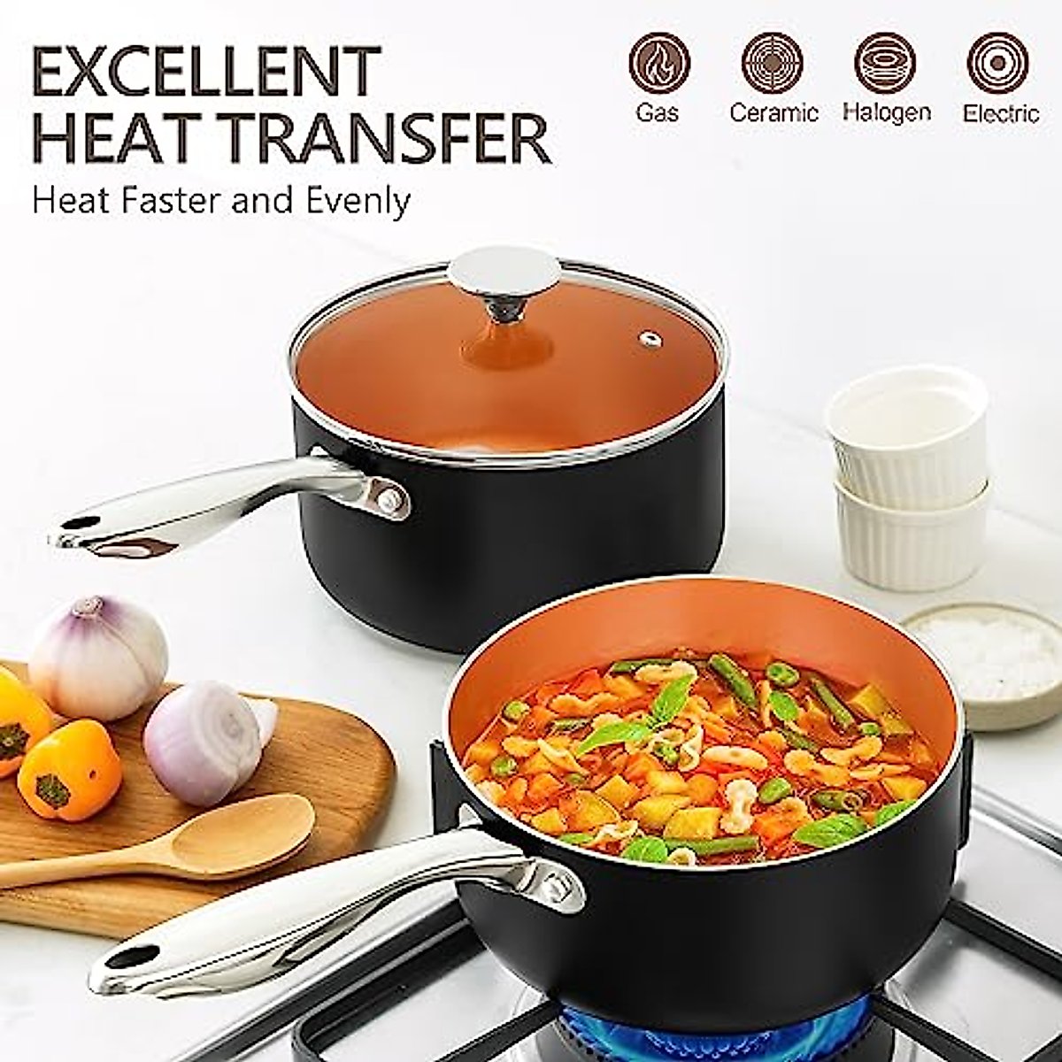 MICHELANGELO Saucepans, 1QT & 3QT Copper Saucepan Set With Non-stick Ceramic Interior For Multipurpose Use, Nonstick Saucepan With Lid, Copper Small Pots 1 Quart & 3 Quart