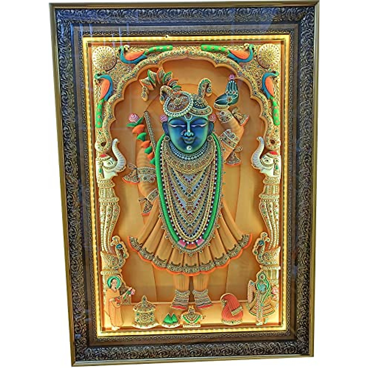 ShreeNathji Chandaniya Gatta hand wood painting gold leaf large wood painting with frame and LED