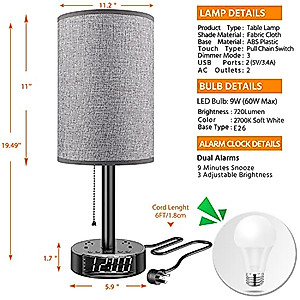 Gray Nightstand Light Lampshade 6ft Plug Extension Cord Dual USB Charging Port AC Outlet, Cylinder Desk Lamp Clock Charger Bedroom Home Dorm School Office Electric Adapter Socket Reading Work Study