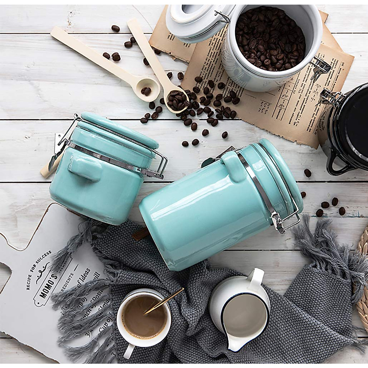 Foraineam 4-Piece Ceramic Canister Set Airtight Food Storage Container with Clamp Top Lid and Wooden Spoon