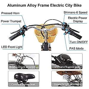 Electric Cruiser Bike with Basket Male Electric Bike for Adult Electric Bicycle Ebike 18-22MPH City Commuter Ebike High Brushless Gear Motor 6-Speed Gear Step Thru Ebikes for Female