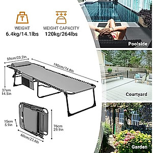 KingCamp Chaise Lounge Outdoor 5-Position Adjustable Patio Lounge Chair,Folding Tanning Chair for Lawn,Beach,Pool and Sunbathing,Portable Heavy-Duty Camping Reclining Chair with Pillow (1, Grey)