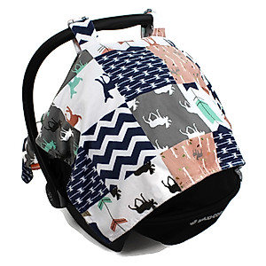 Dear Baby Gear Deluxe Reversible Car Seat Canopy, Custom Minky Print, Woodland Deer Quilt Feathers Pink Mint