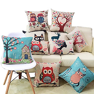 Bursonvic Cartoon Pattern Throw Pillow Case Cushion Cover Square Home Farmhouse/Modern Decorative Cotton Linen Pillowcase for Sofa/Bench/Couch (Owl Old Couple, 18" x 18")