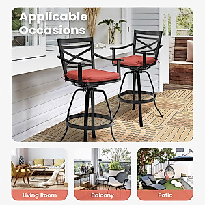 Pellebant Swivel Outdoor Bar Stools Set of 2, Patio Bar Height Chairs with Sunbrella Cushion and Cast Aluminum Frame, Outdoor Furniture w/Armrest & High Back for Deck Lawn Garden, Red