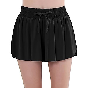 EXARUS Girls Butterfly Flowy Shorts Athletic Running 2 in 1 Cheer Preppy Tennis Dance Flutter with Pockets High Waisted Kids Black 8Y