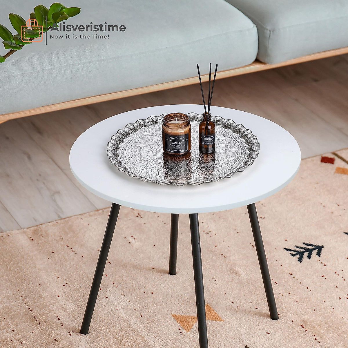 Alisveristime Turkish Ottoman Coffee Tea Serving Tray – 11.8 Inches, Wavy Zamac Tray with Traditional Motifs, Available in Five Color Variations (Silver)