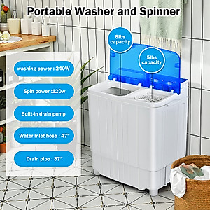 COSTWAY Portable Washing Machine, Semi-Automatic Twin Tub 13lbs Compact Washer and Spinner, Built-in Drain Pump, Control Knobs and Hose, Laundry washer for Apartment, RV, Blue
