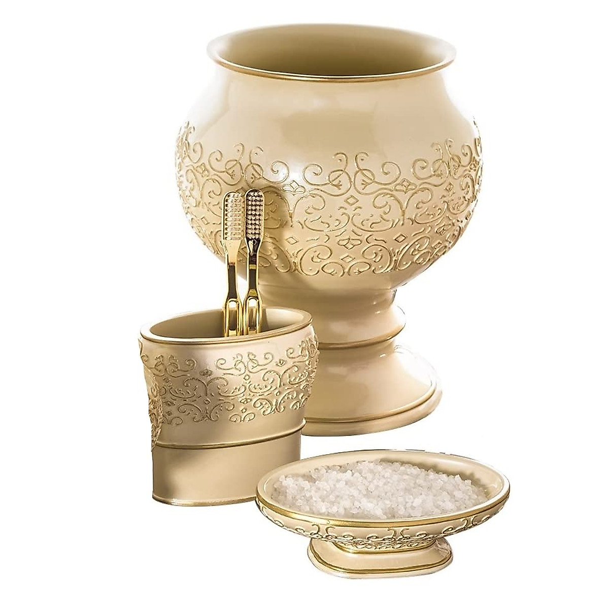 Creative Scents Bathroom Trash Can – Decorative Wastebasket - Durable Resin Waste Paper Basket - Space Friendly Bath Rubbish Dust Bin, Gold and Beige Bathroom Accessories (Shannon Style)