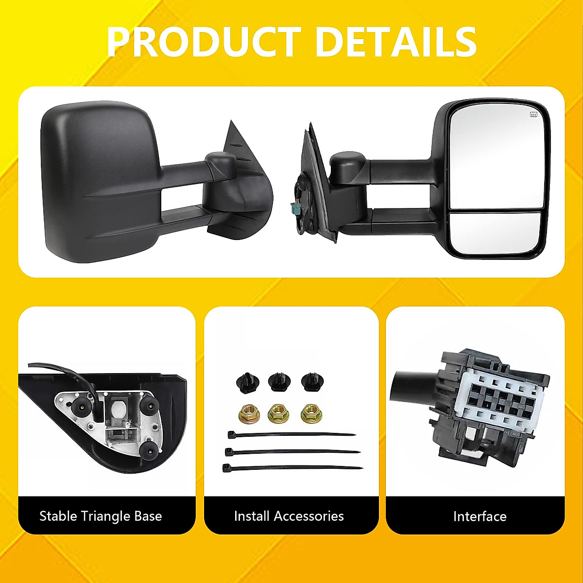 Perfit Zone Towing Mirrors Compatible with 2007-2014 Chevy Silverado for GMC Sierra 1500 2500 3500 HD Yukon Tahoe Black Power Heated Convex Lens Manual Folding Pair Set Driver Passenger LH RH