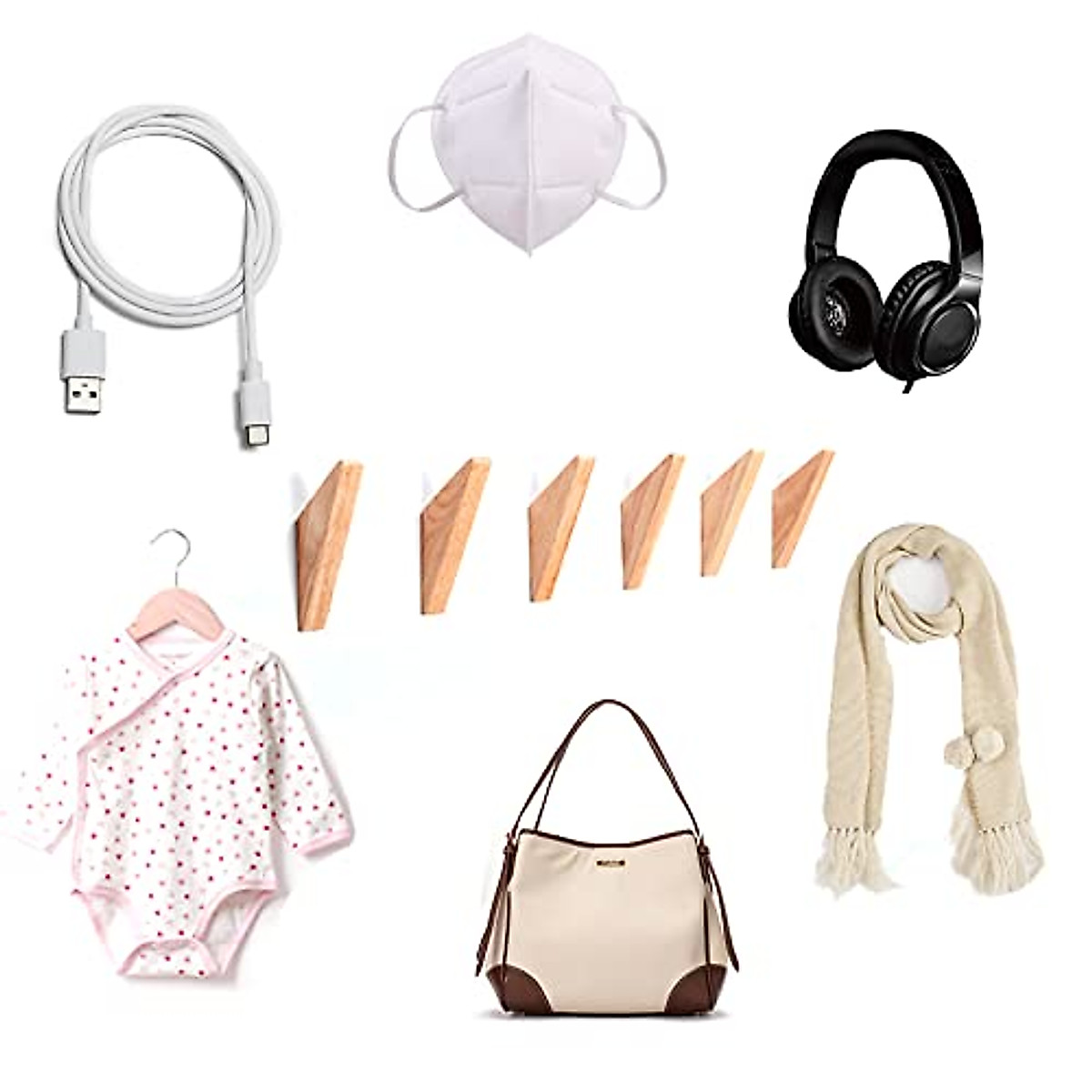 DUUO LONANGG Wooden Hooks Wall Hooks, Coat Hooks, Rubber Wood Hooks (Pack 6) Wall Hangers Hooks for Hanging Coats, Hats Hooks, Bags Hooks Towels Hooks, Decorations Triangle Hook