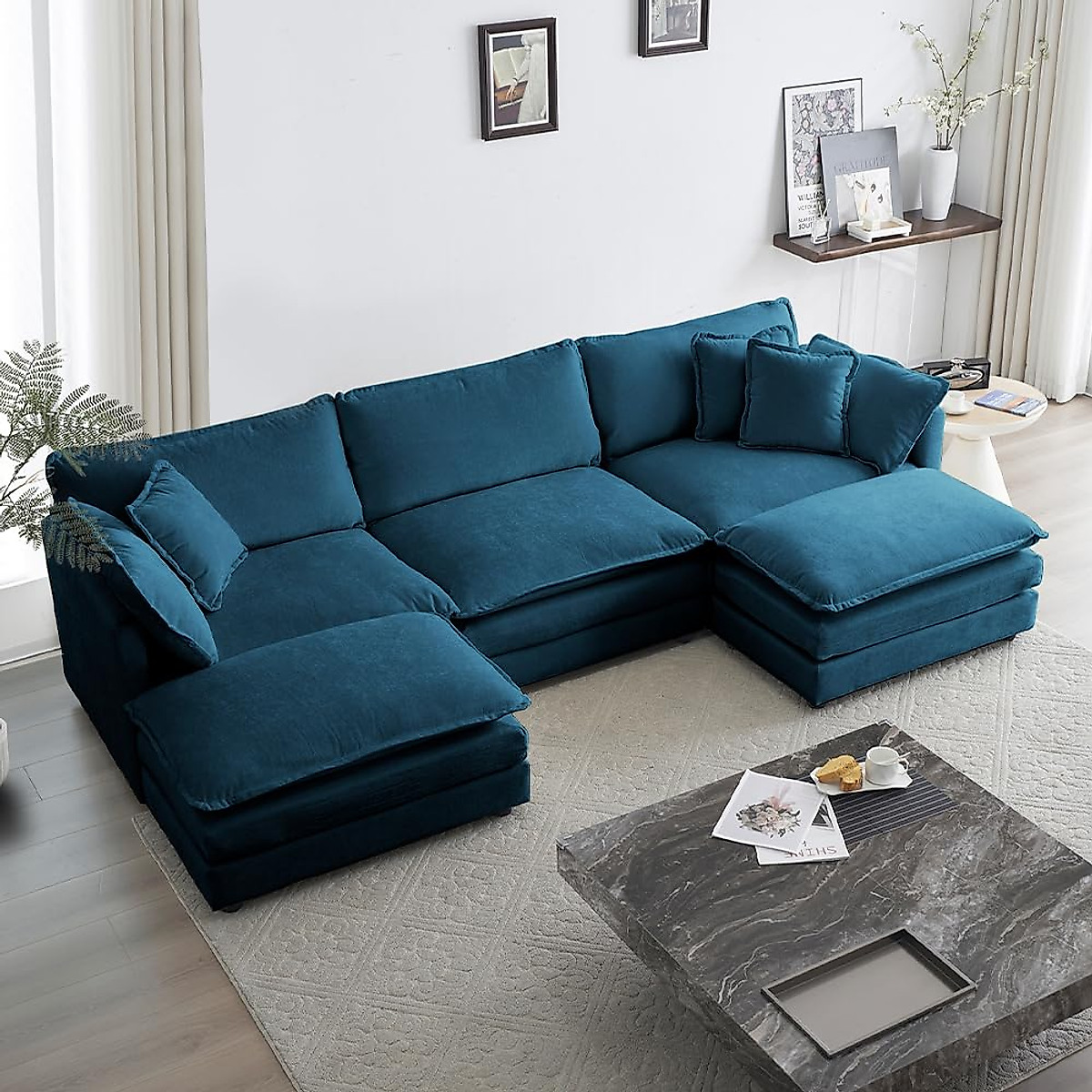 SCANORDIC 111.5" Sectional Sofa Couch for Living Room, Modern Convertible Sofa Couch with Pillows, Mid-Century Modern Sleeper Sofa 4-Seater Sofa for Living Room, Apartment, Office,Blue