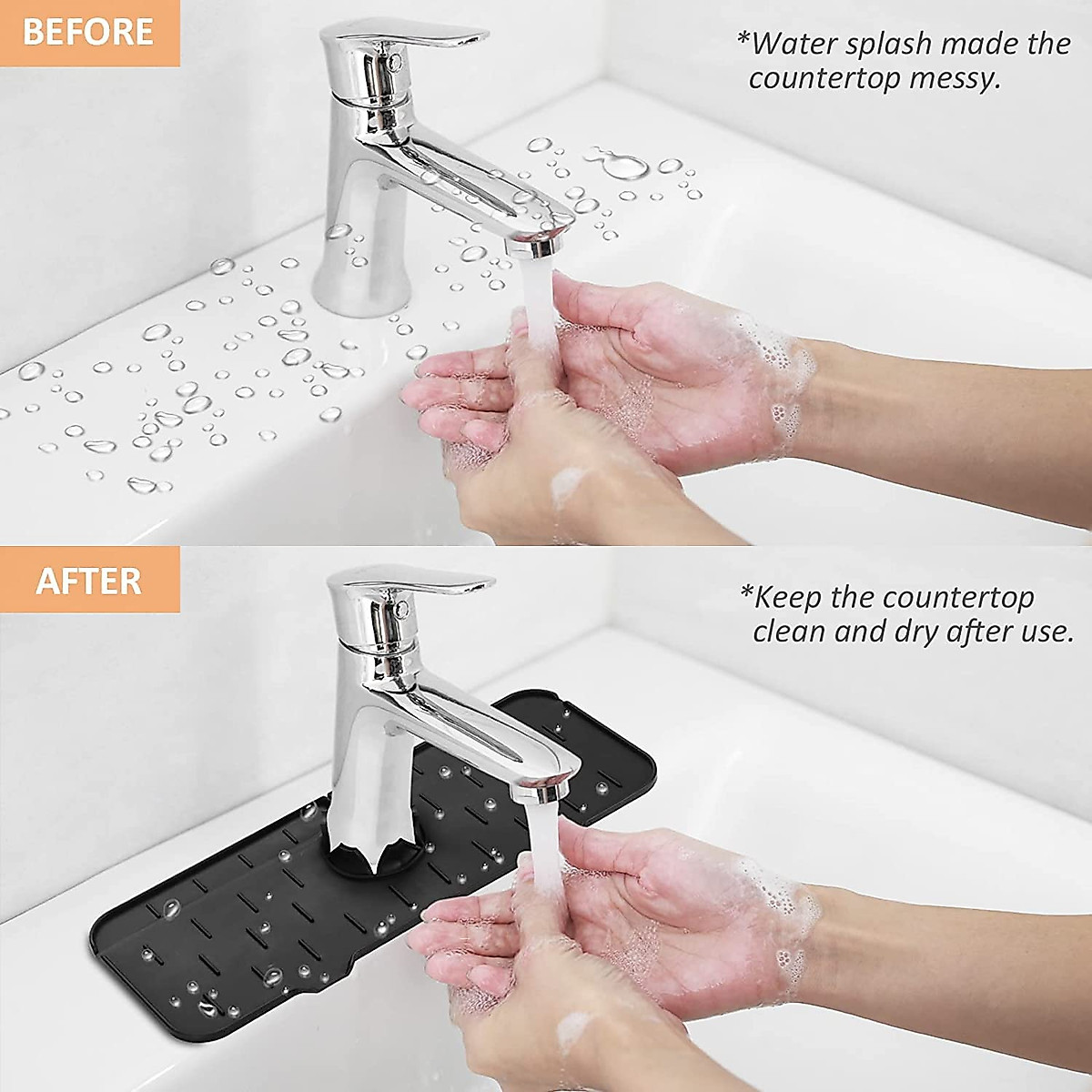 Kitchen Faucet Sink Splash Guard - Water Catcher Mat - Silicone Drying Mat with Built-in Drain Lip - Kitchen Bathroom Sink Drain Mat - Rubber Drying Mat for Countertop Protect