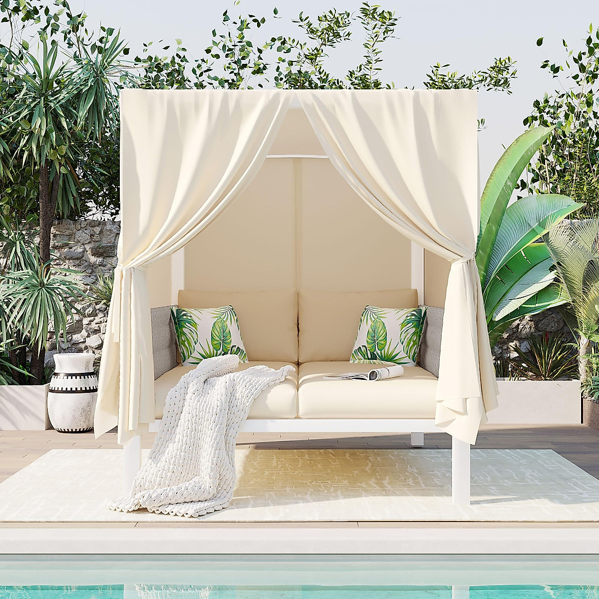 KEVINSPACE Patio Outdoor Daybed Sunbed, Outdoor Daybed with Retractable Canopy Outdoor Wicker Rattan Furniture Sets, Sectional Cushioned Sofa Set Waterproof Cushions for Garden Backyard Porch Beige