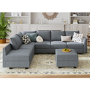 HONBAY Modular Sectional Sofa with Storage Ottoman Fabric Modular Couch with Reversible Chaise 6-Seater L Shape Corner Sofa Sectional Couch, Bluish Grey