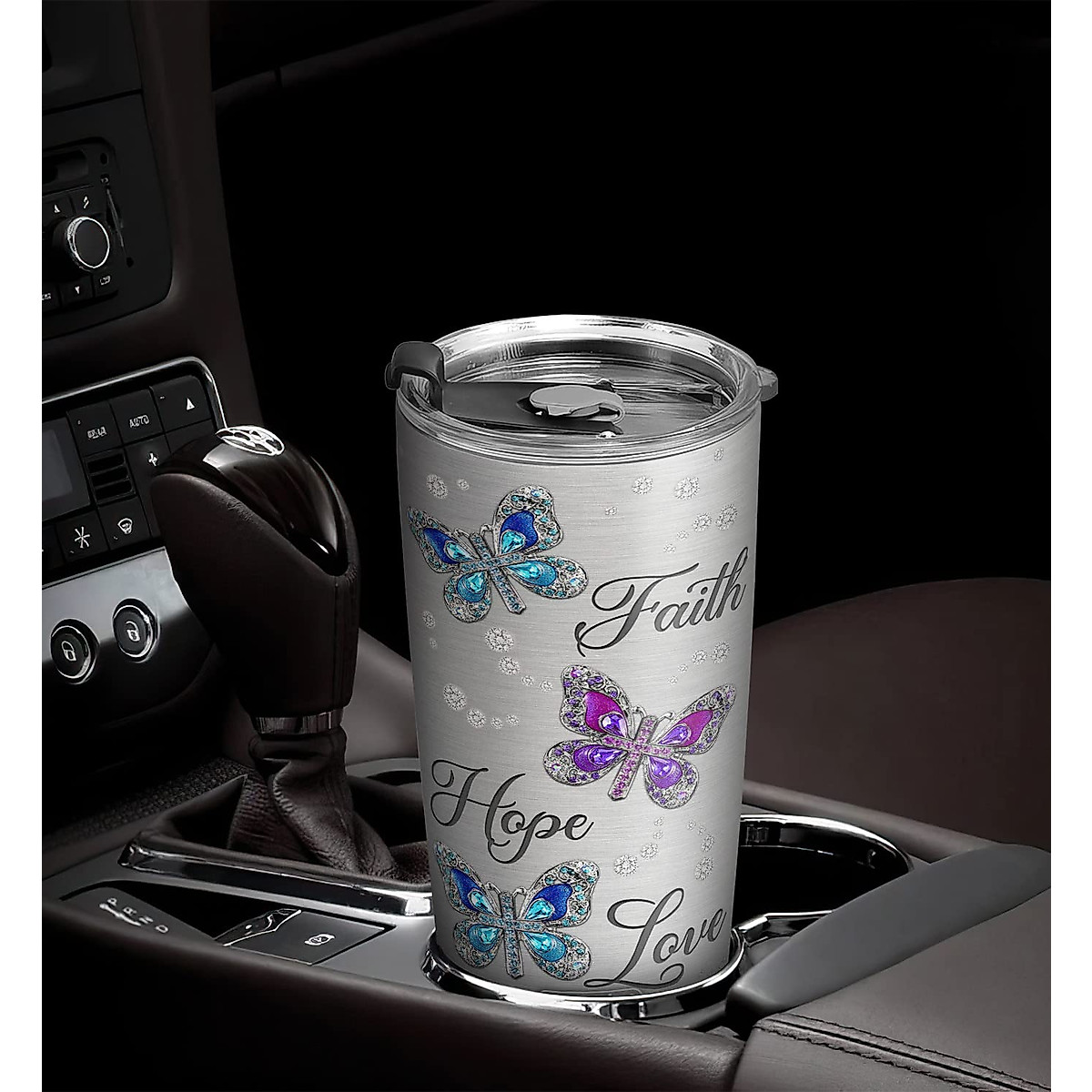 20oz Printed Jewelry Crystal Butterfly Faith Hope Love Tumbler, Religious, Christian Gifts, Coffee Thermos for Women, Stainless Steel Double Wall Vacuum Insulated Coffee Mug, Travel Cup with Lid