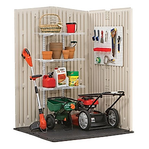 Rubbermaid Medium Vertical Resin Weather Resistant Outdoor Garden Storage Shed, 5x4 Feet, Sandstone & Corner Tool Rack, Tool Organizer, Broom Holder and Garden Tool Organizer