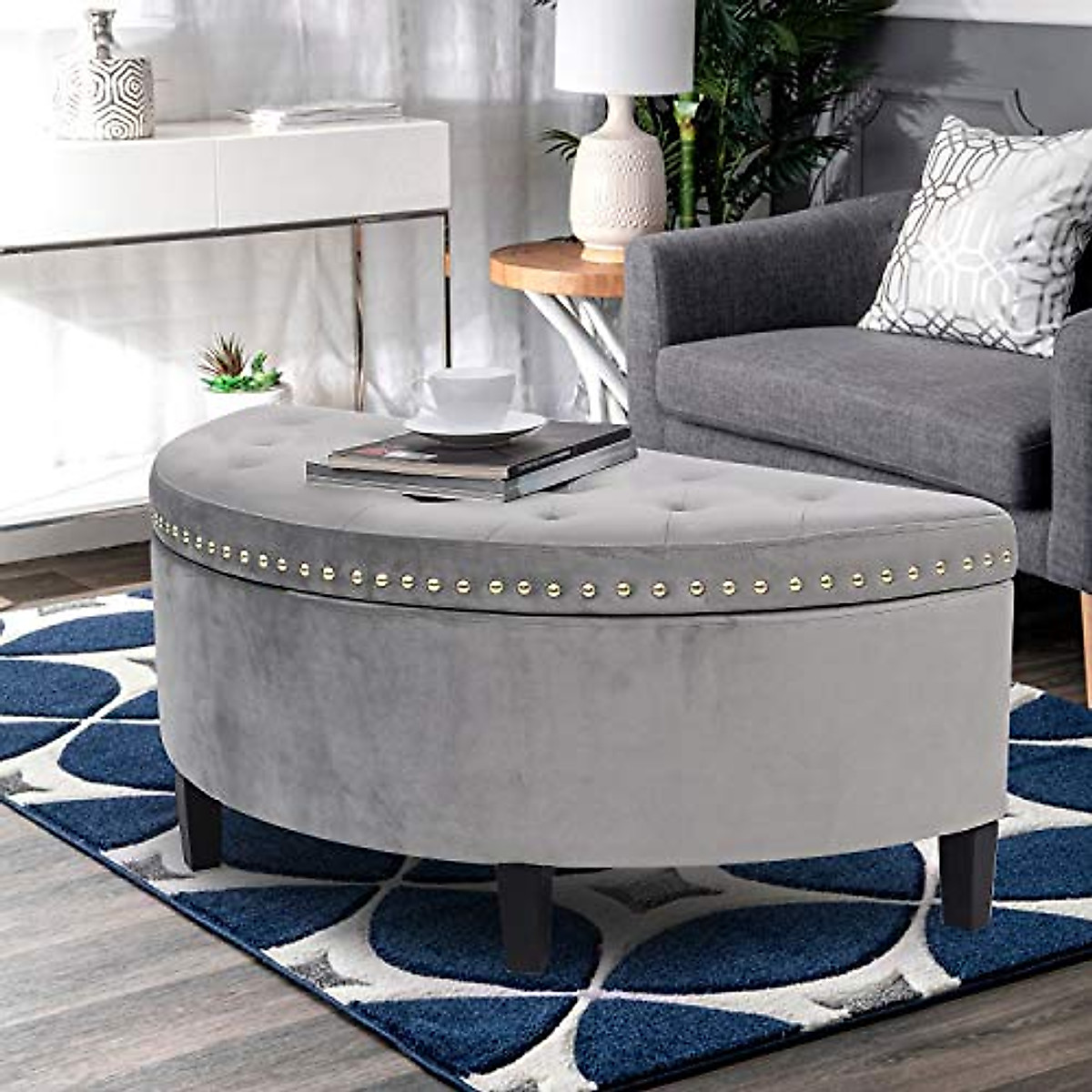 Homebeez 43.5" Half Moon Storage Ottoman Bench, Lift Top Velvet Storage Ottoman Bench for Bedroom Living Room(Light Gray)