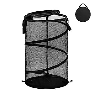Mesh Collapsible Laundry Hamper with Lid, Large Clothing Storage Bucket with Handles,Dirty Clothes Storage Basket for The Kids Room, College Dorm or Travel (1PCS, Black)