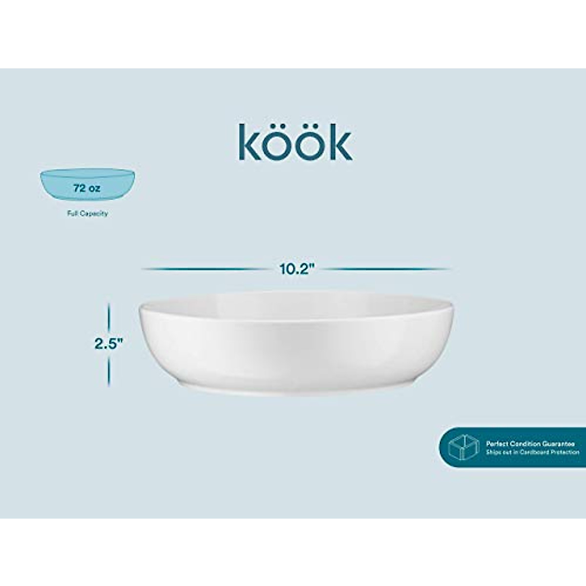 Kook Porcelain Serving Bowls, Wide & Shallow, Dishwasher & Microwave Safe, For Salads, Soups, Pastas and Party Snacks, 9.25 Inch, 72 Oz, White, Set of 2