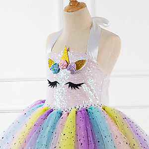 MYRISAM Girls Kids Unicorn Sequins Tutu Dress w/Headband Halloween Costume Rainbow Tutu Outfits Princess Birthday Party Gift 10-12T