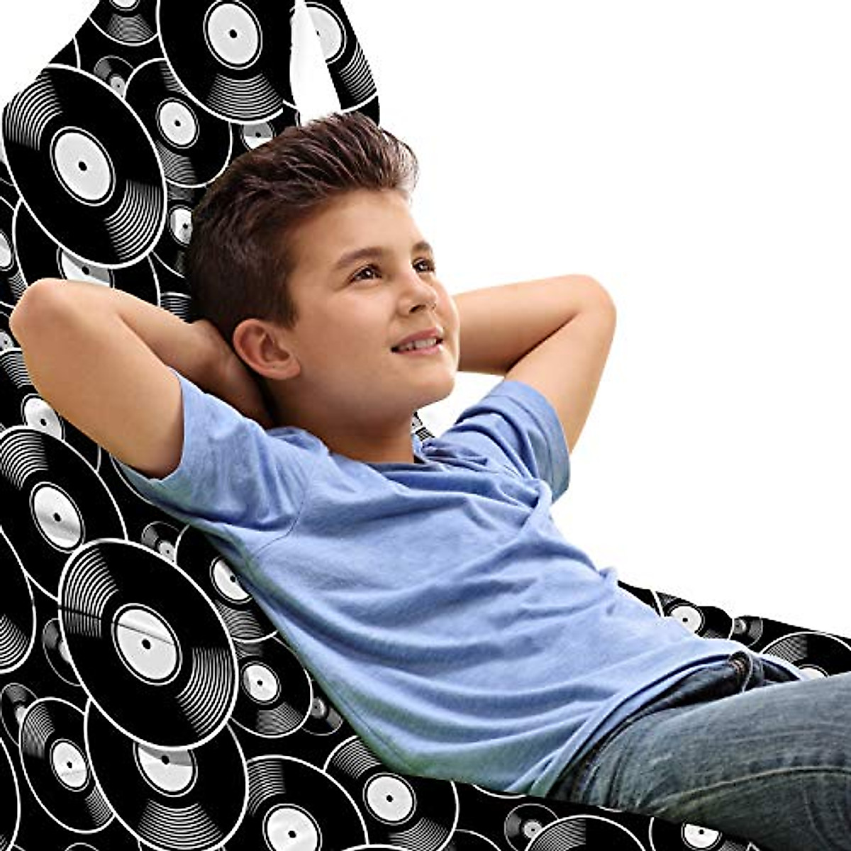 Ambesonne Retro Lounger Chair Bag, Music Themed Pattern of Repeating Records Old Time Musical Interests Discs, High Capacity Storage with Handle Container, Lounger Size, Charcoal Grey White