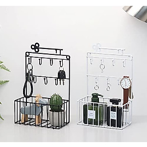 qiuqiu Wall-Mounted Shelf Home Wrought Iron Storage Basket Metal Mail Holder Keychain with Storage Baskets for Mail, Keys, Glasses-Black