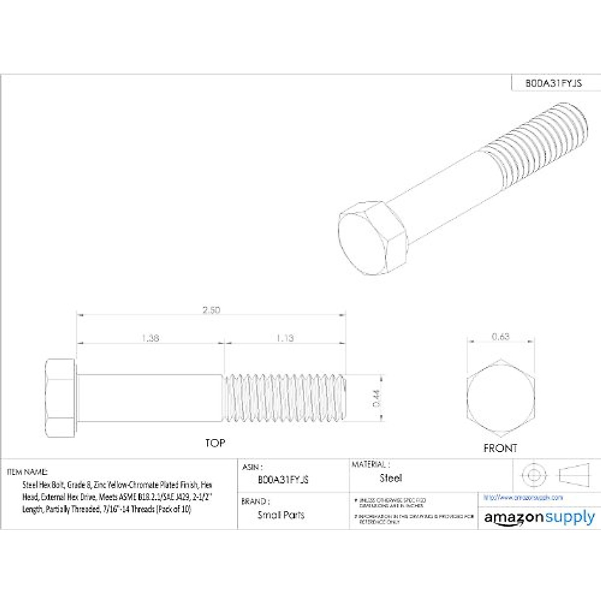 Steel Hex Bolt, Grade 8, Zinc Yellow-Chromate Plated Finish, Hex Head, External Hex Drive, Meets ASME B18.2.1/SAE J429, 2-1/2" Length, Partially Threaded, 7/16"-14 Threads (Pack of 10)