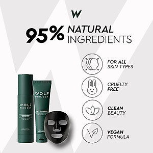 Wolf Project Men Skin Care Kit - Advanced Skin Care Set - Anti-Aging Face Moisturizer Gel Cream, Hydrating Charcoal Face Sheet Mask, Charcoal Face Cleanser - 3-Pack Mens Facial Care Kit