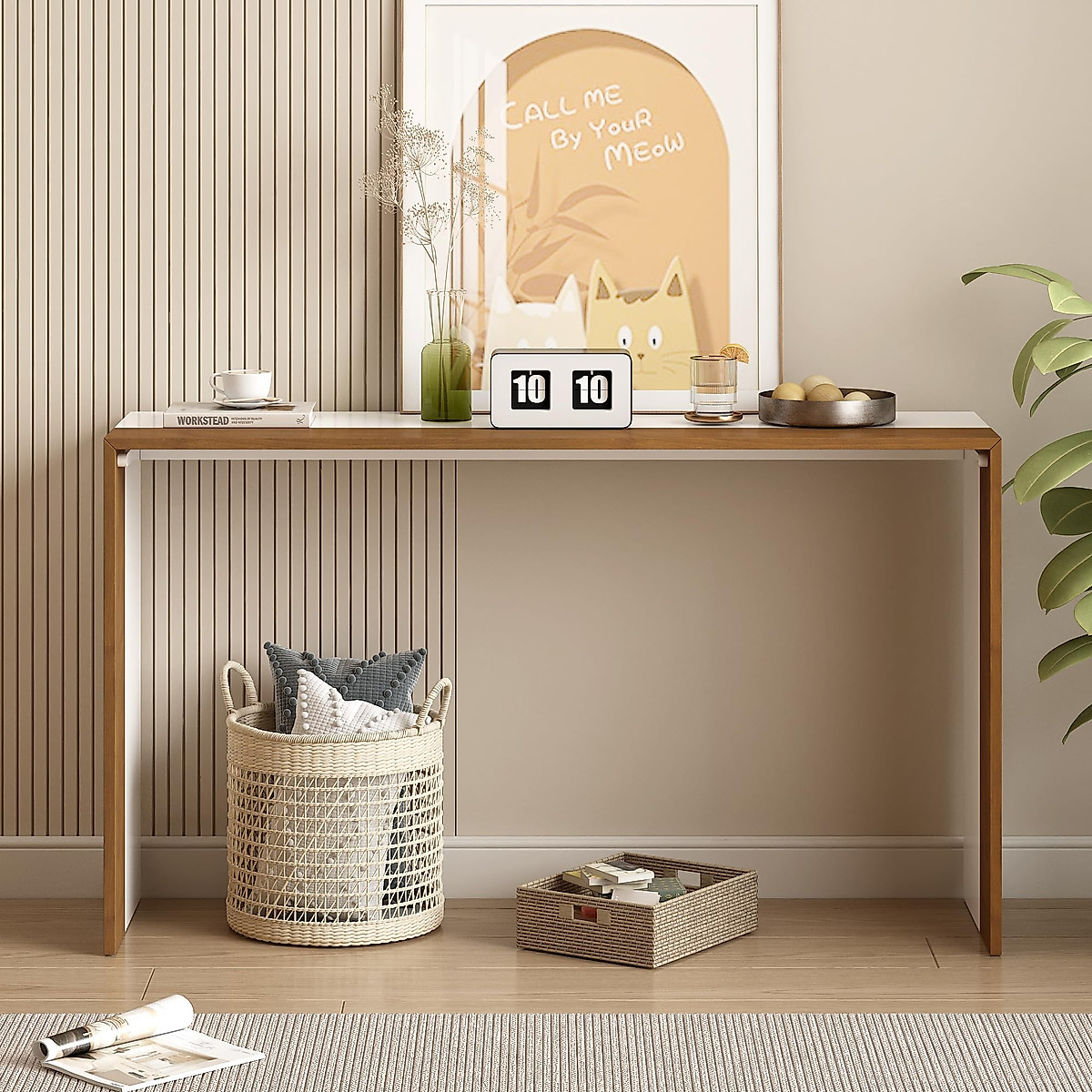 Color-Blocked Console Table, Modern Minimalist Style Sofa Table for Entrance, Hallwayand Living Room, White and Brown