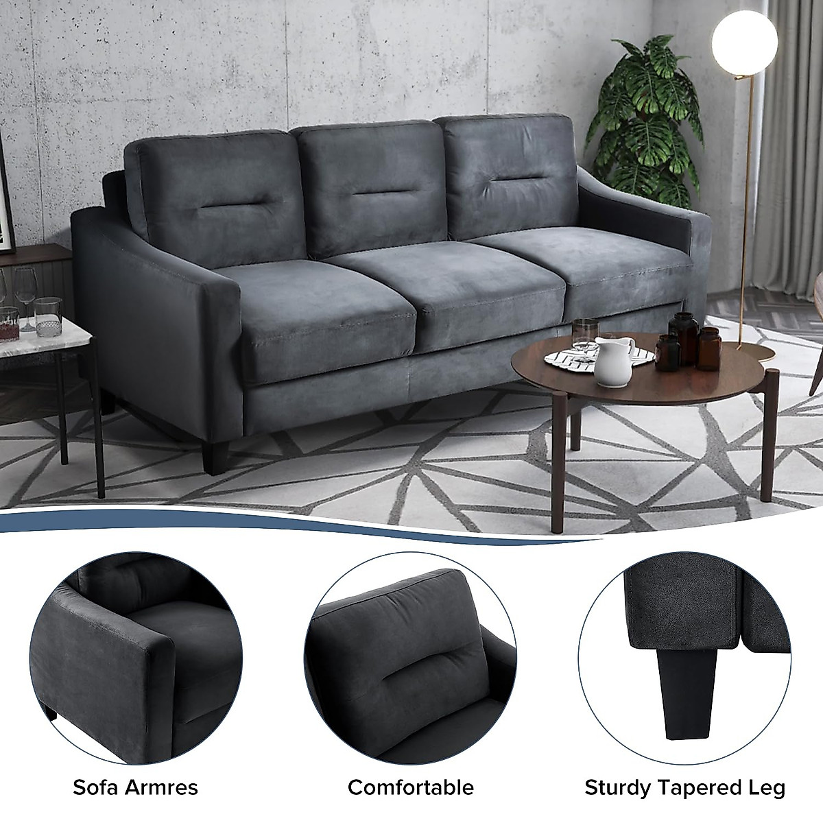 Acosure 3 Seat Comfortable Sectional Sofa with U-Shaped Spring Links and Solid Wood Frame,Velvet Couch,w/Tapered Legs & Straight Arm Design,for Living Room,Bedroom,Office,Black, 77"